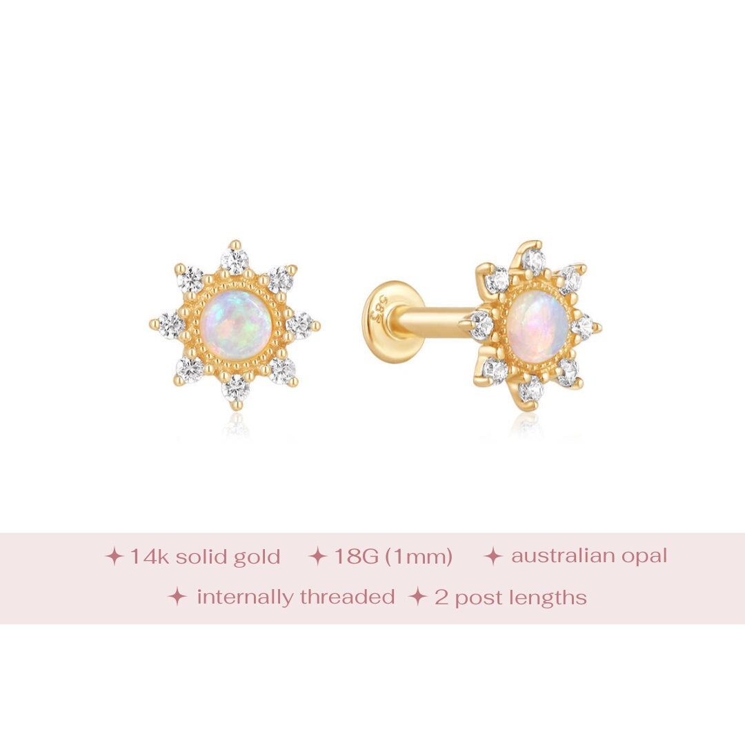 14k Solid Gold Opal Labret Piercing, Opal Labret Stud, Opal Starburst Labret, Solid Gold ...