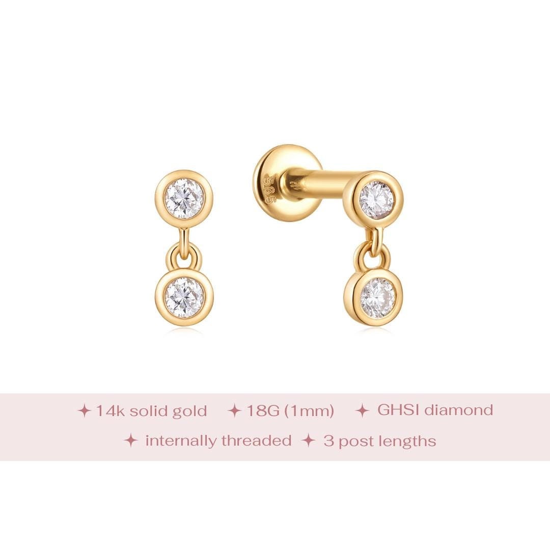 14k Solid Gold Labret Piercing, Diamond Helix Piercing, Dangly Solid ...