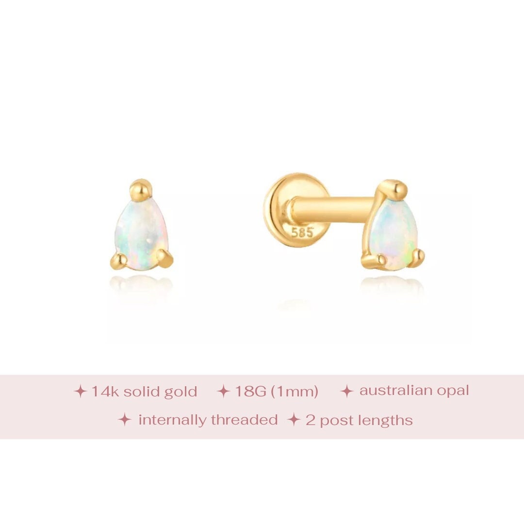 14k Solid Gold Labret Piercing, Opal Tear Drop Stud Earring, Opal Flat Back, Tragus Helix Opal ...