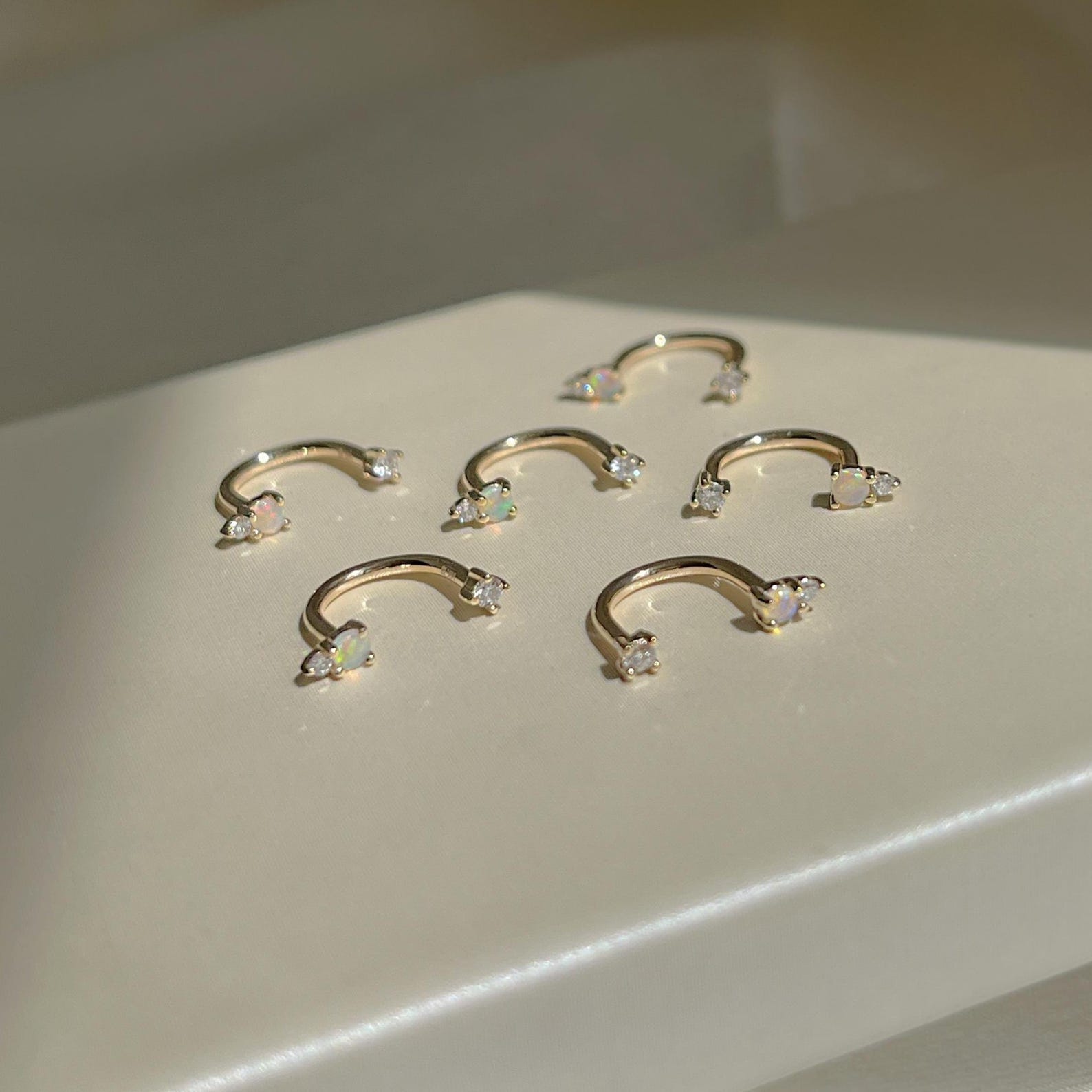 14k Solid Gold Opal and Diamond U Shape Huggie Hoop, Gold Ear Jacket ...