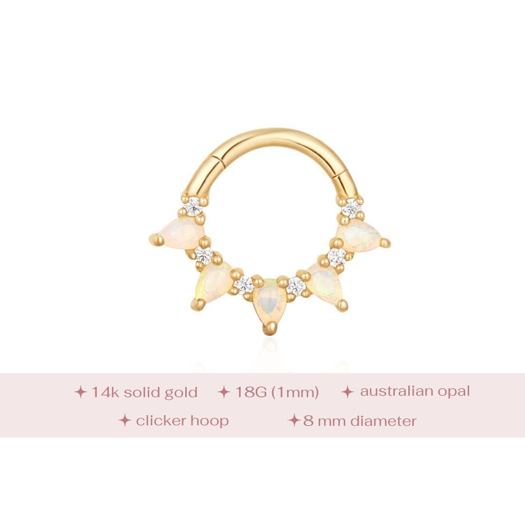 14k Solid Gold Opal Daith Hoop, Gold Daith Piercing, Gold Septum Ring ...