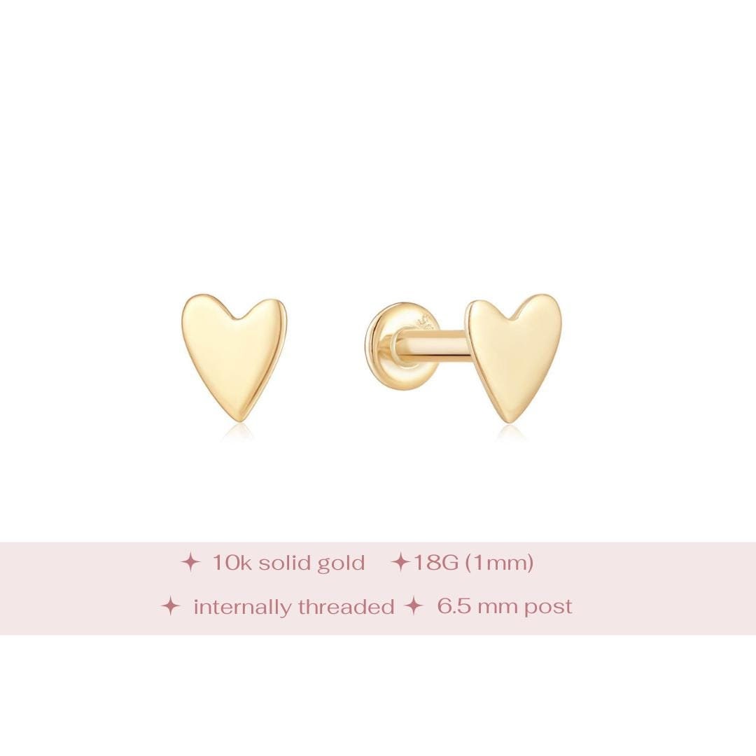 10k Solid Gold Labret Stud Gold Heart Stud Dainty Flat Back Earring Gold Labret Earring Heart Helix Stud Earring Gold Cartilage Earring Etsy