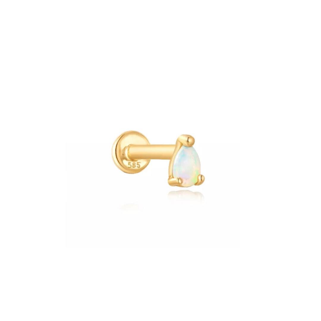 14k Solid Gold Labret Piercing, Opal Tear Drop Stud Earring, Opal Flat ...