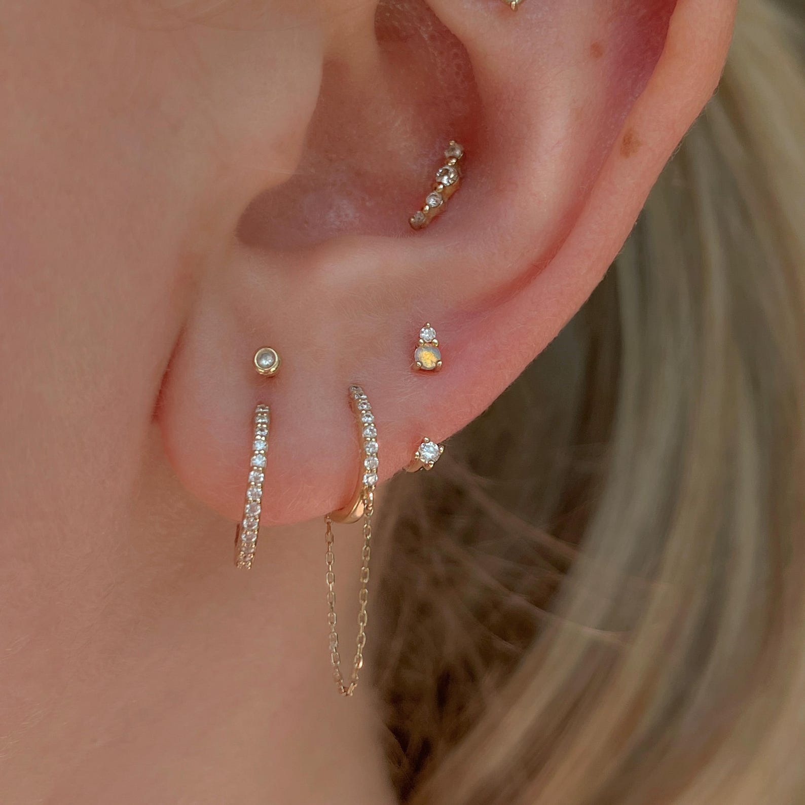 14k Solid Gold Opal and Diamond U Shape Huggie Hoop, Gold Ear Jacket ...
