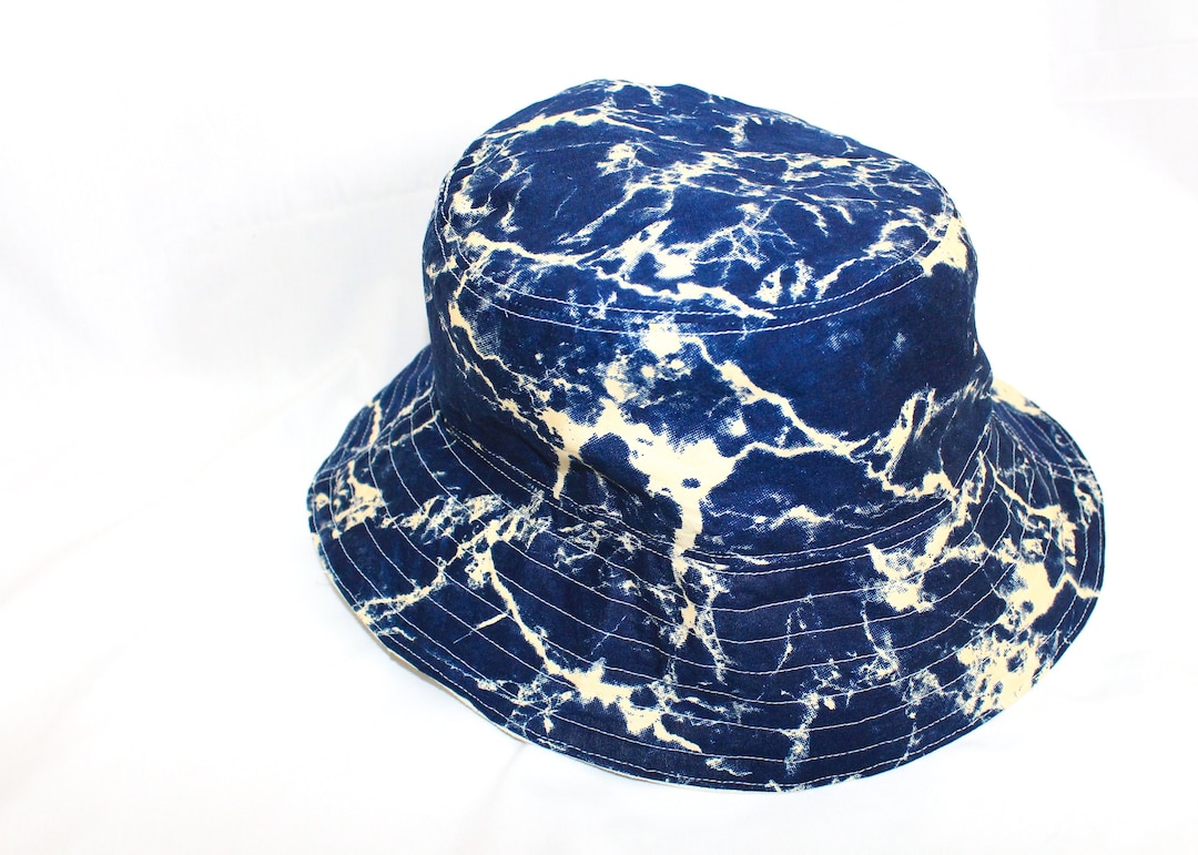 Blue Marble Denim Bucket Hat, Marble Print Hat, Cream Denim Hat ...