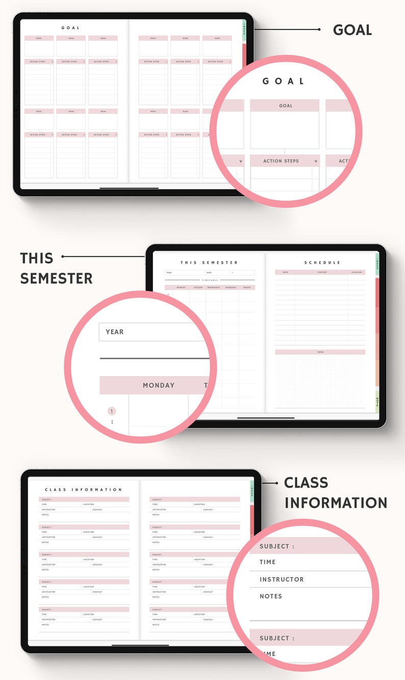 Undated Pink Student Digital Planner 149 pages Sunday Strat, Monday ...
