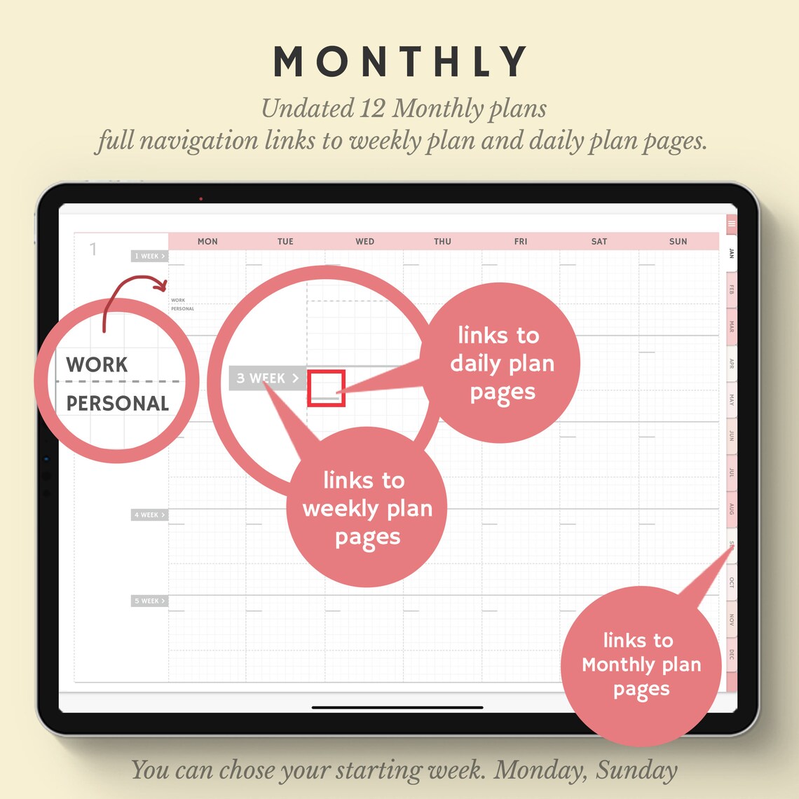 Undated Pink Business Digital Planner 410 pages Sunday Strat - Etsy