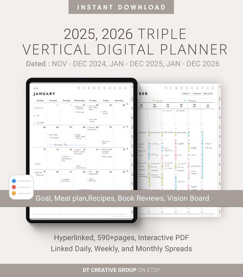 2025 2026 Triple Digital Planner, Dated Planner, 2025 Year Journal, Weekly Planner, Daily ...
