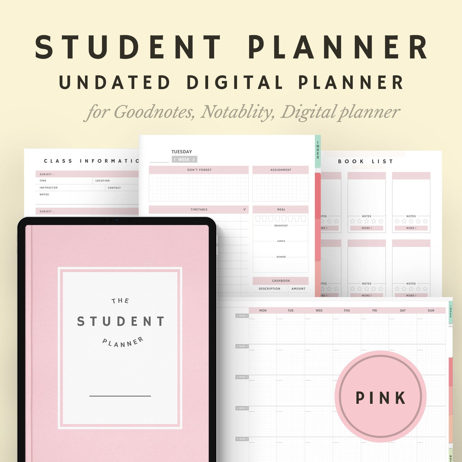 Undated Pink Student Digital Planner 149 pages Sunday Strat, Monday ...