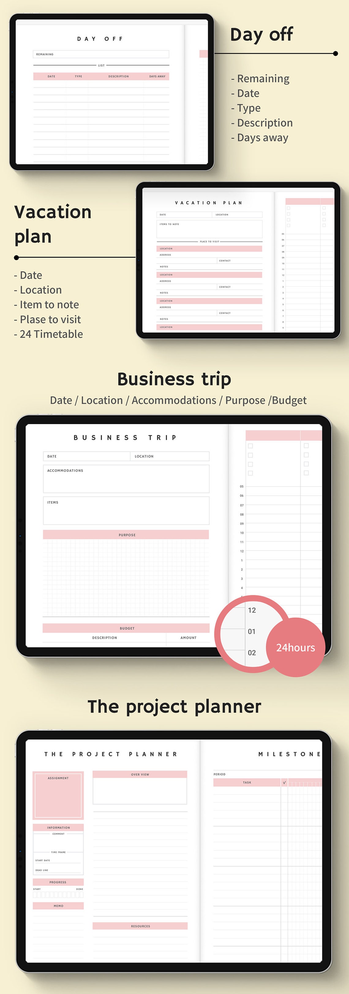 Undated Pink Business Digital Planner 410 Pages Sunday Strat - Etsy