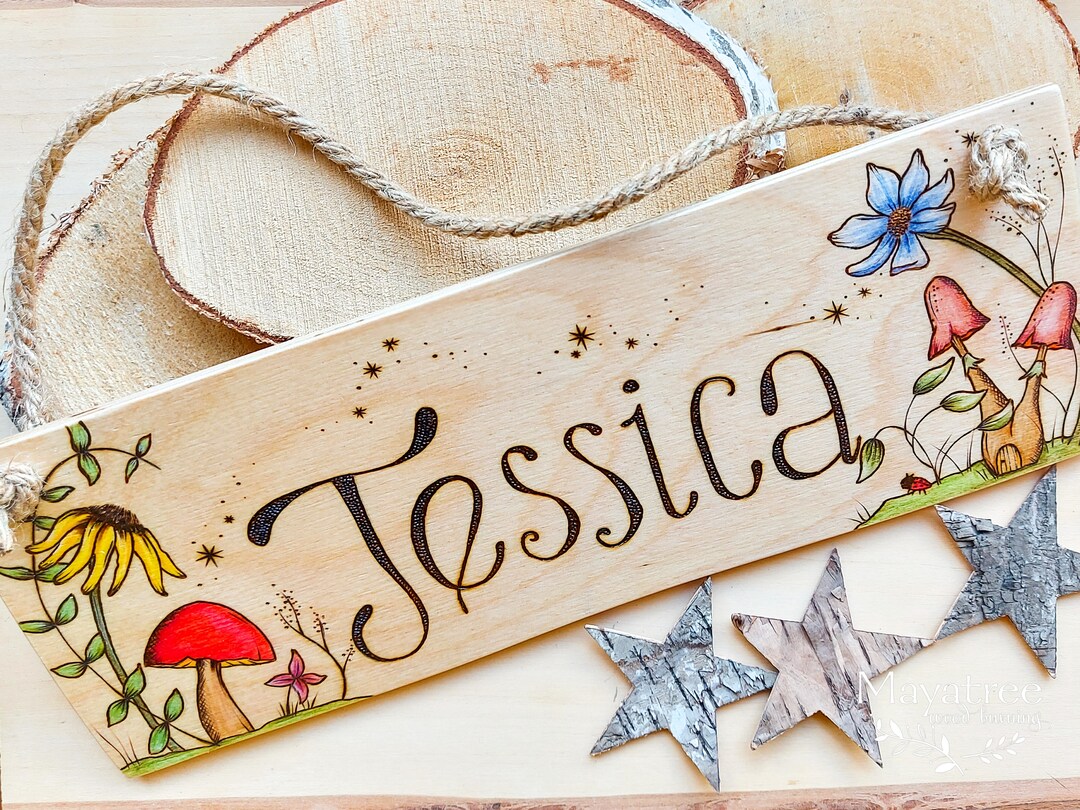Personalised Children's Wooden Name Sign, Handmade Woodburned Enchanted ...