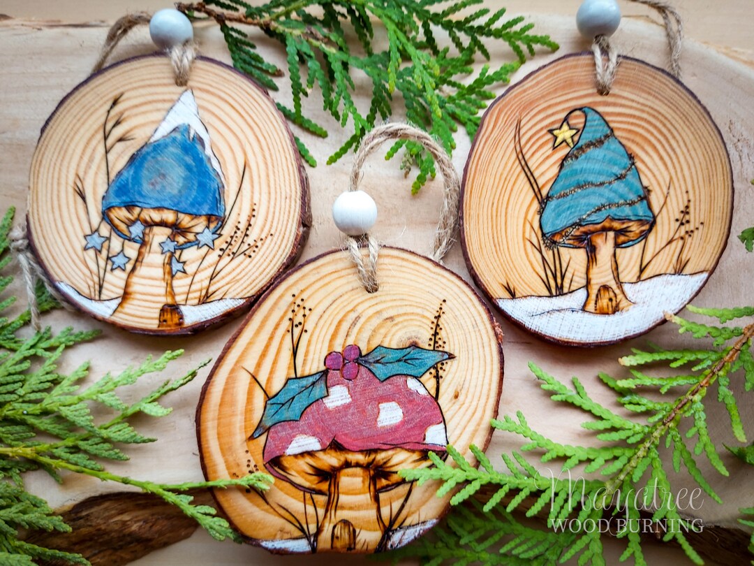 Enchanted Mushroom Christmas Ornaments, Set of 3 Pyrography and ...