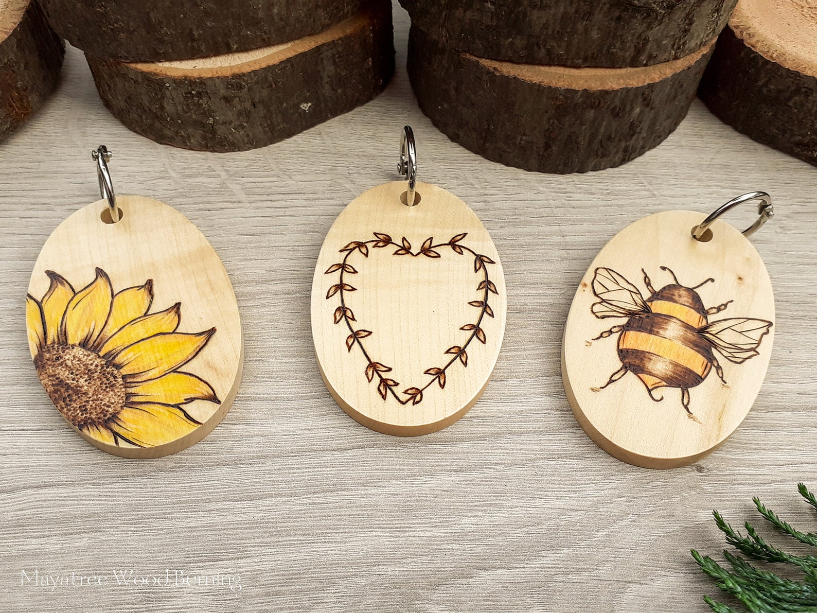 Bumble Bee Pyrography Key Ring, Wood Burned Key Chain, Handmade Honey ...