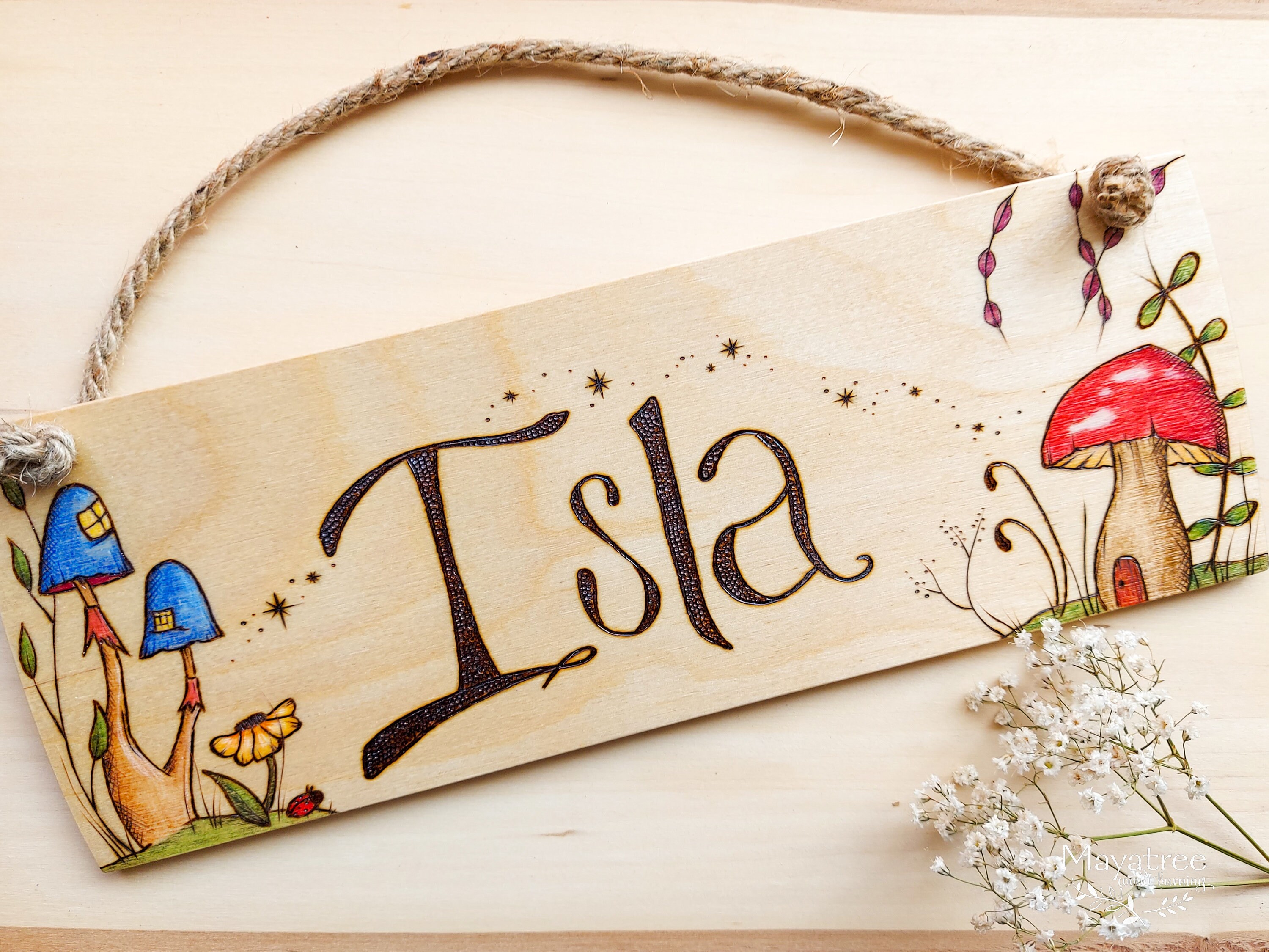 Personalised Children's Wooden Name Sign, Handmade Woodburned Enchanted ...