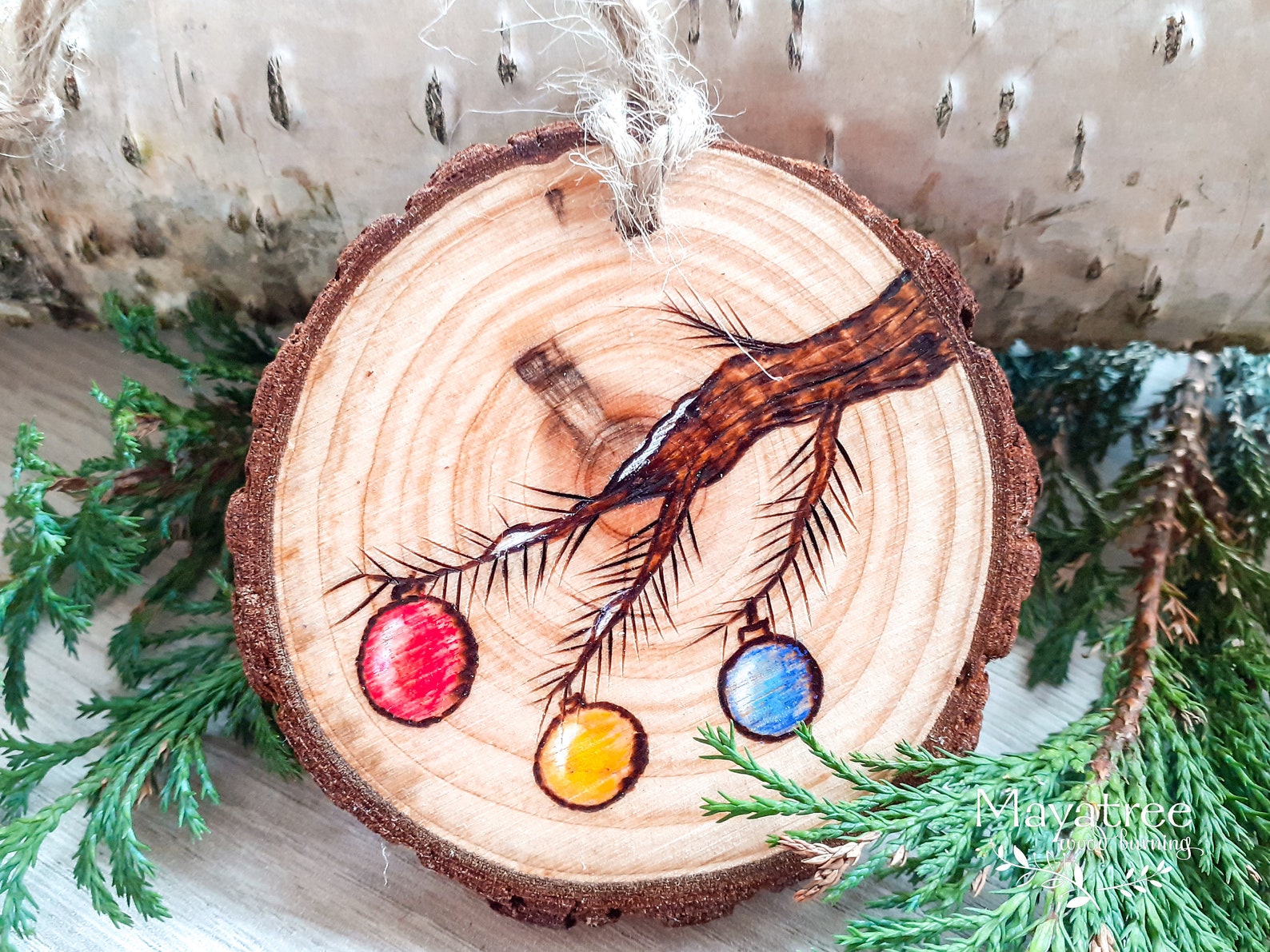 Christmas Tree Branch and Baubles Decoration, Handcrafted Wood Burning ...
