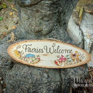 Faeries Welcome Wooden Sign, Fairy Garden Pyrography Decor, Faeries and ...