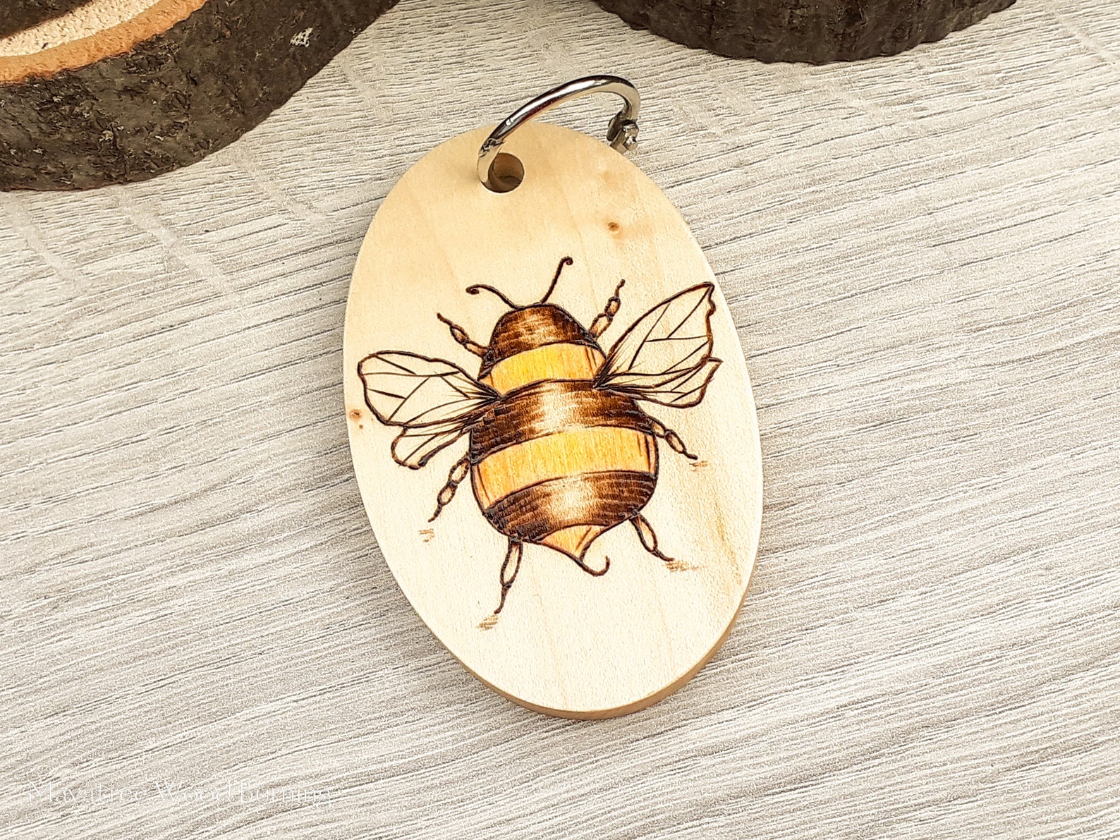 Bumble Bee Pyrography Key Ring, Wood Burned Key Chain, Handmade Honey ...