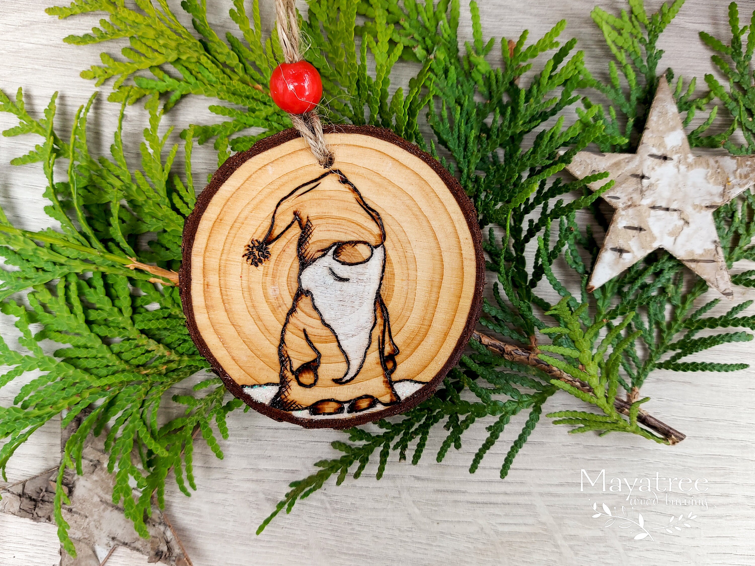 Santa Wooden Tree Decoration, Original Pyrography Design, Natural Wood ...