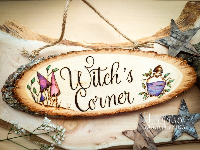 Witch's Corner Wooden Sign, Pyrography Witchy Wood Burning, Handmade ...