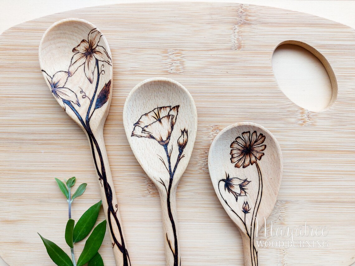 Set of 3 Floral Design Wooden Spoons Pyrography Kitchen - Etsy