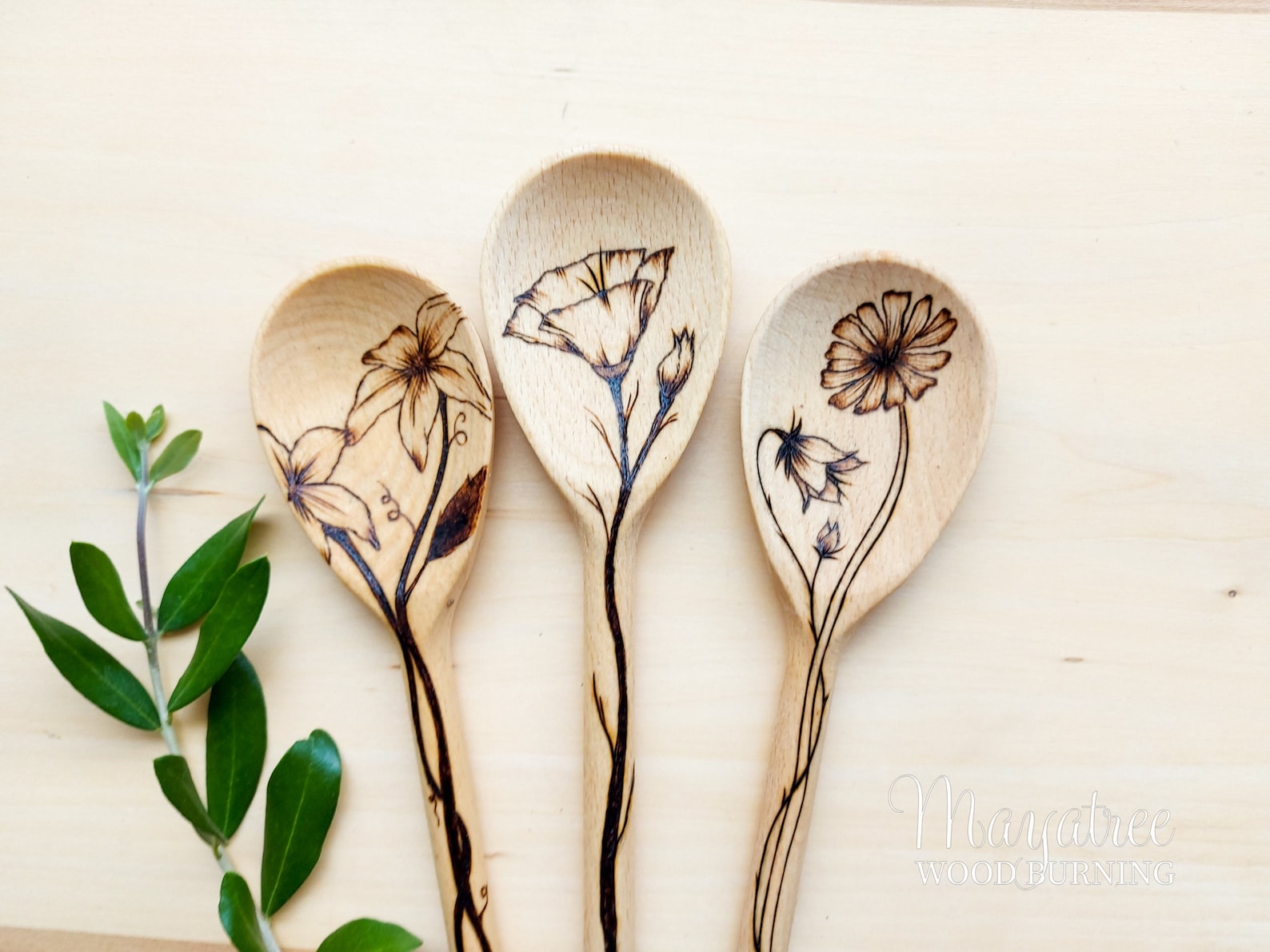 Set of 3 Floral Design Wooden Spoons Pyrography Kitchen - Etsy