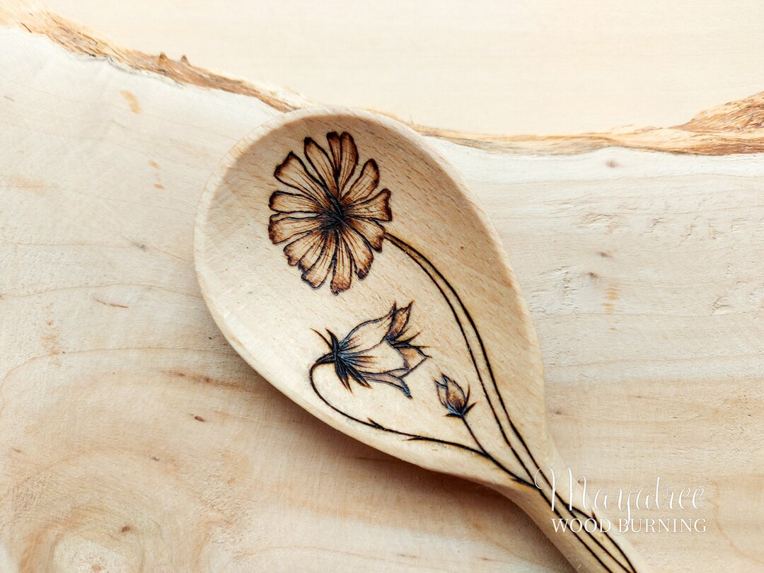 Wildflowers Wooden Spoon, Pyrography Flower Design, Cottagecore Decor ...