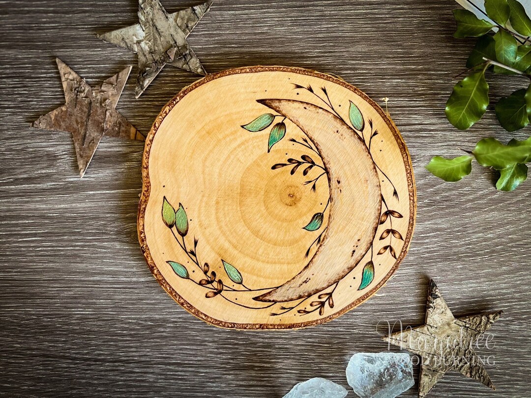 Crescent Moon Wall Hanging, Wood Burned Original Artwork, Handmade ...