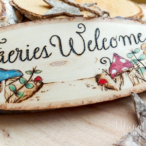 Faeries Welcome Wooden Sign, Fairy Garden Pyrography Decor, Faeries and ...