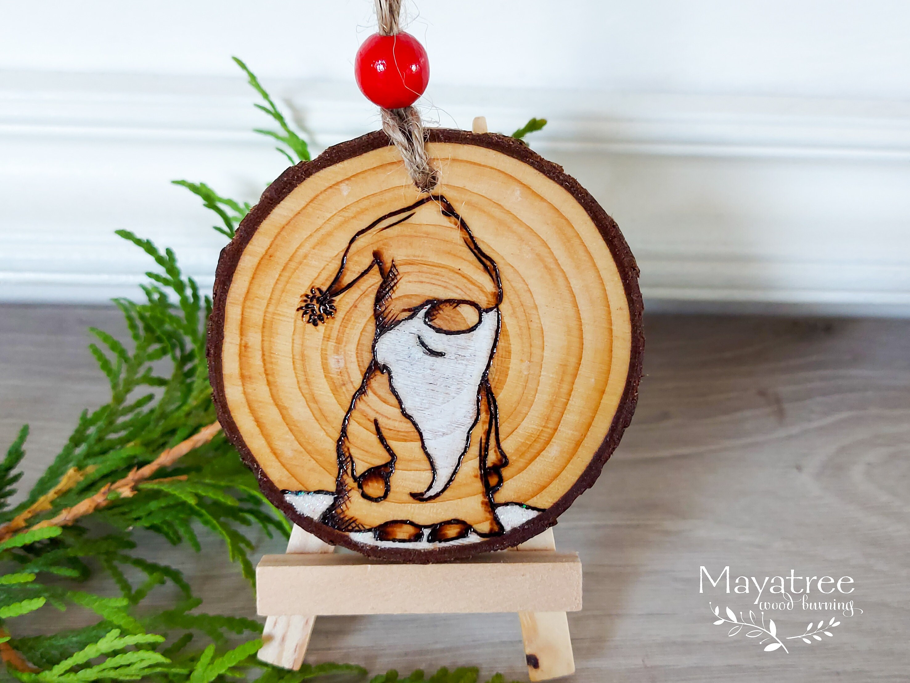 Santa Wooden Tree Decoration, Original Pyrography Design, Natural Wood ...