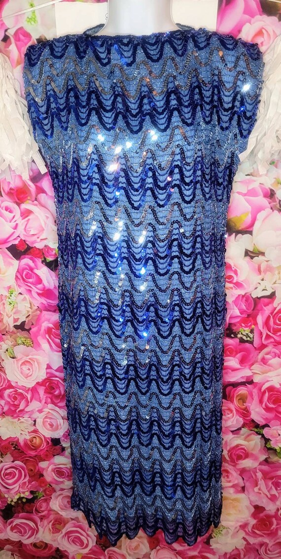 Vintage Sequin Dress Blue Beaded Gown Long Annabelle … - Gem