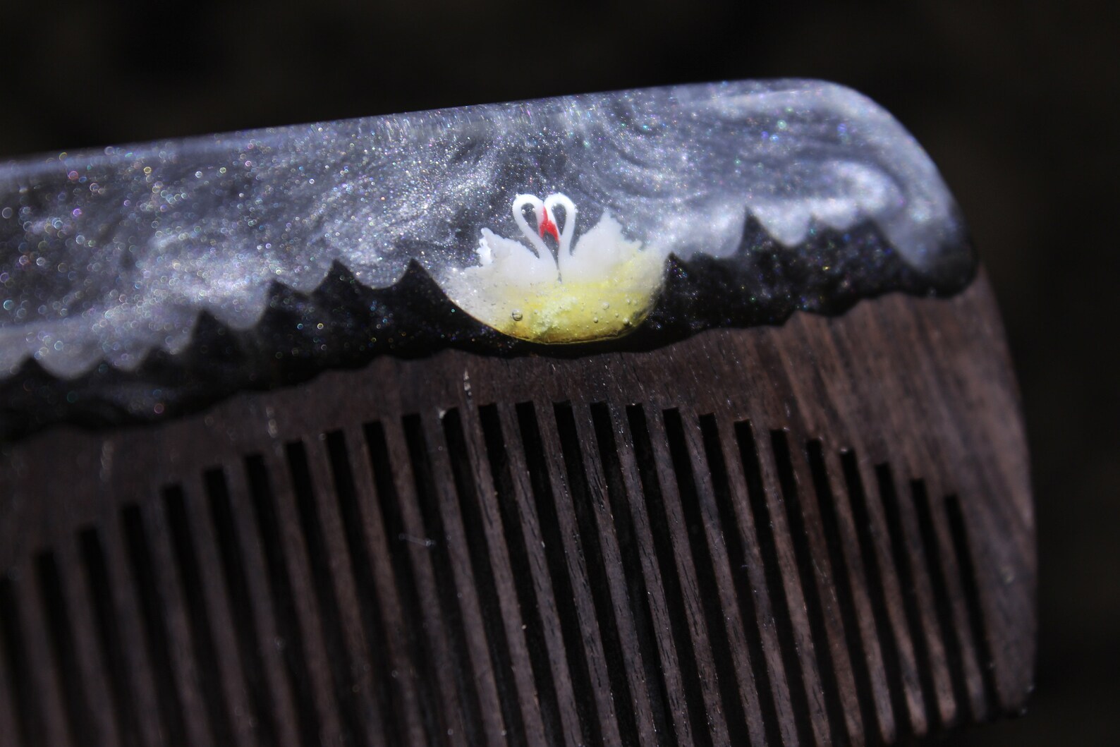 Wood Resin Hair Comb Handmade Comb Mountains and Two Swan | Etsy