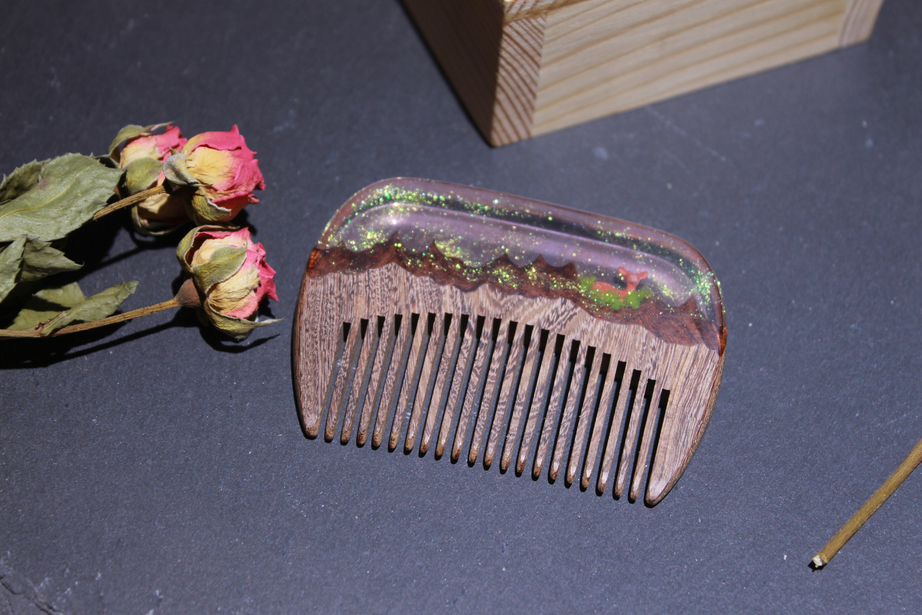 Wood Resin Hair Comb | Handmade Comb | Mountains Forest and Sika Deer ...