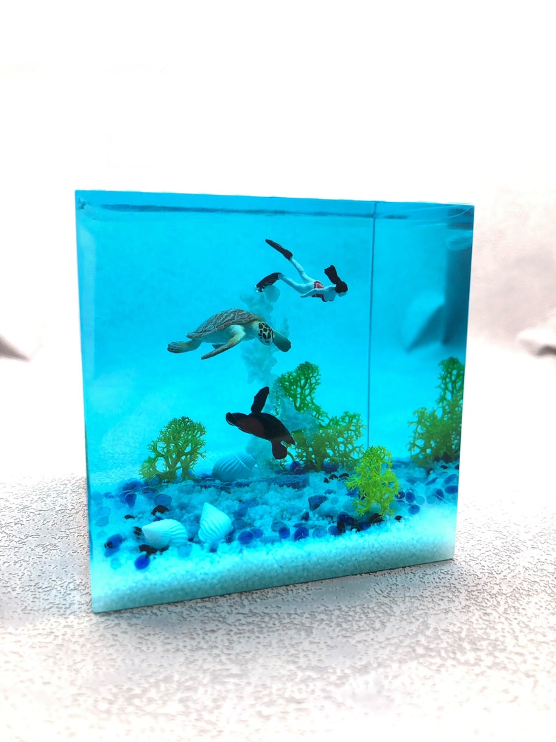 Turtle and Diver Aquatic Resin Diorama Resin Paperweight | Etsy