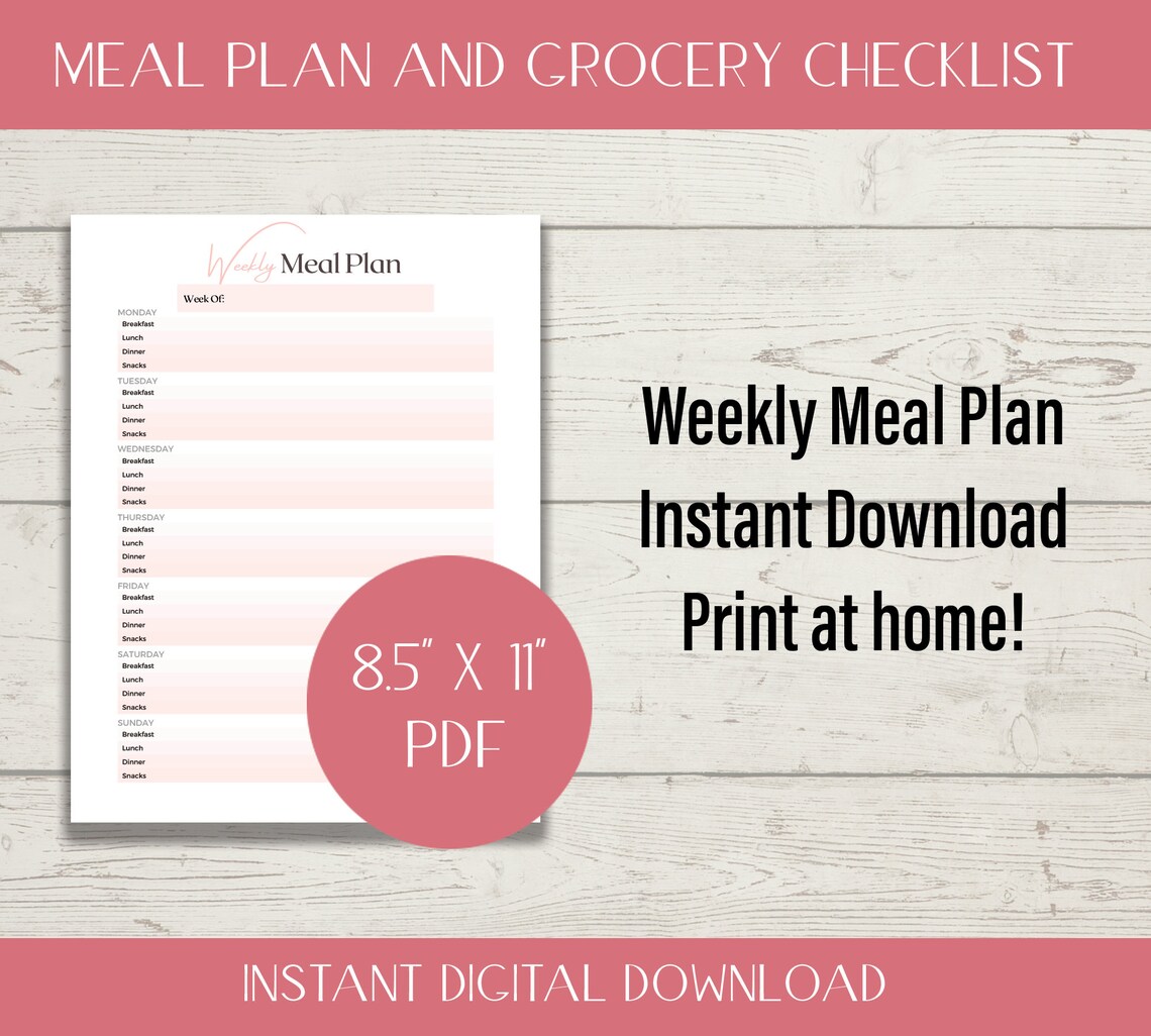 Weekly & Monthly Meal Plan, Grocery Checklist, 3 PDF Instant Download ...