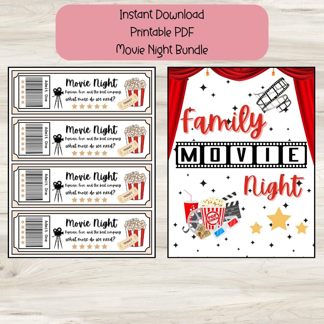 Printable Family Movie Night Bundle, Tickets, Snack Bar Sign (digital ...
