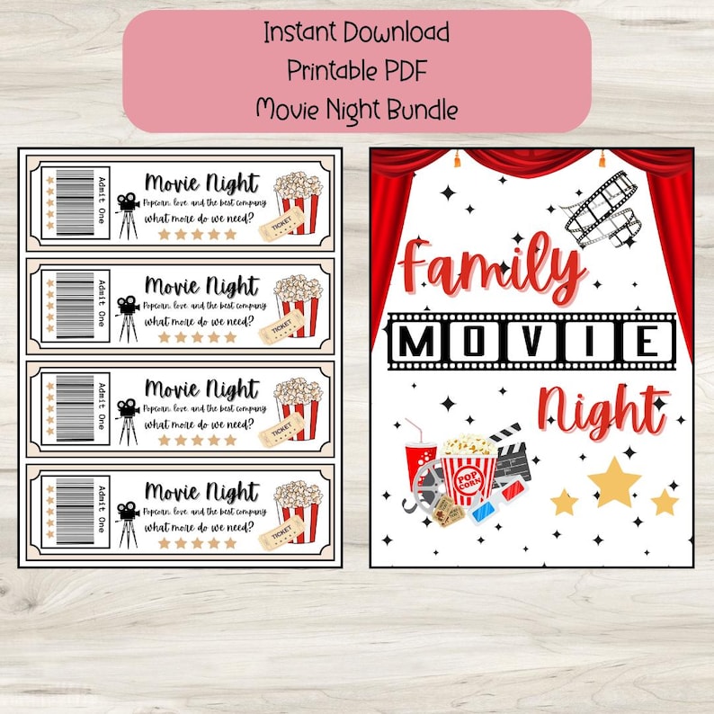 Printable Family Movie Night Bundle, Tickets, Snack Bar Sign (digital ...