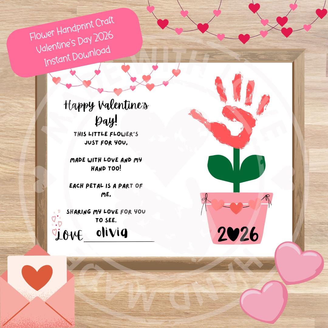 Valentine Handprint Craft for Kids, Flower Poem Keepsake, Printable ...