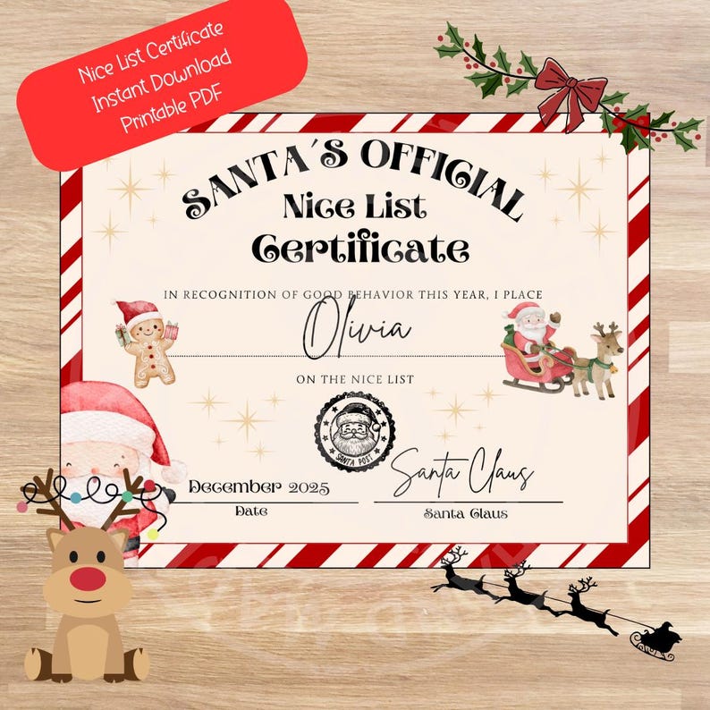 Printable Santa's Nice List Certificate (digital Download) - Etsy UK