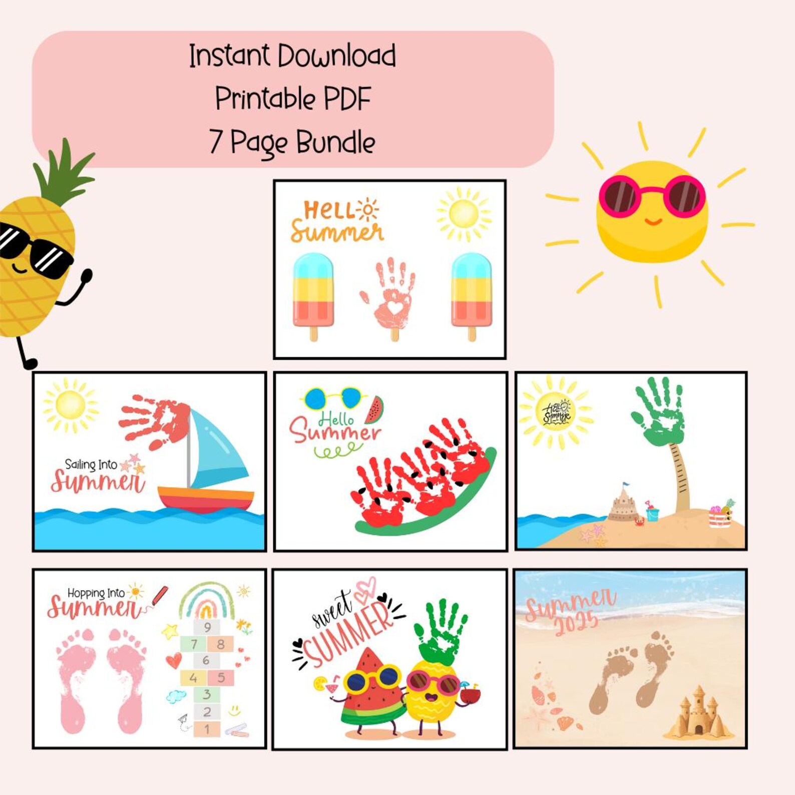 Summer Handprint Craft Bundle, Printable Activities for Kids, Summer ...