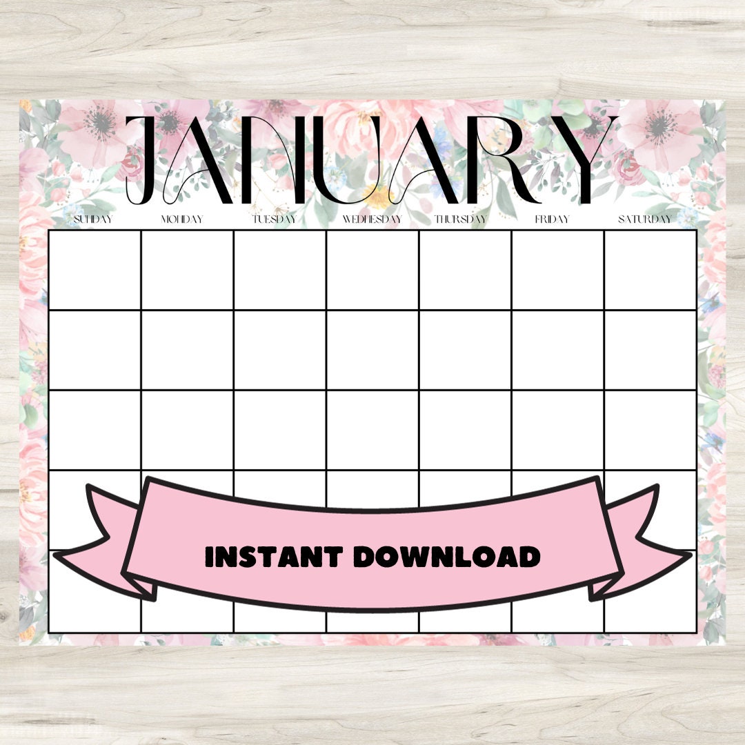 Floral Monthly Blank Calendar, Printable Organizer (digital Download ...