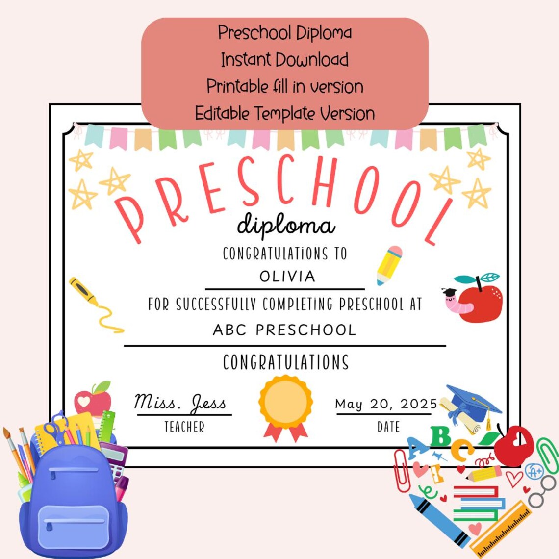 Editable Preschool Diploma, Printable Preschool Diploma, Graduation ...