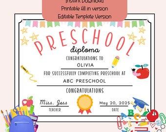 Editable Preschool Diploma, Printable Graduation Certificate (digital ...
