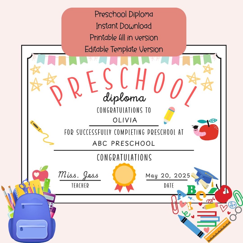 Editable Preschool Diploma, Printable Preschool Diploma, Graduation ...