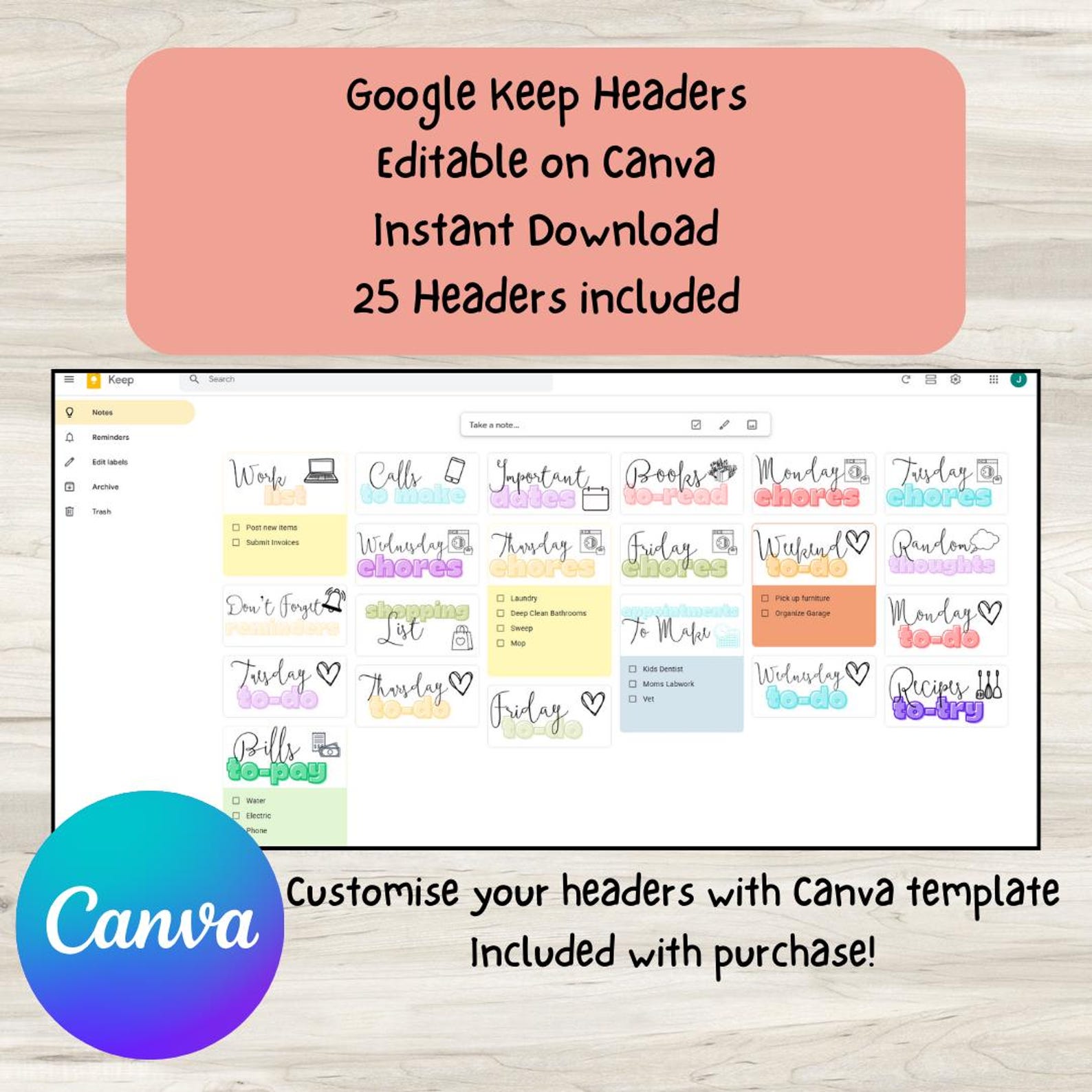Google Keep Headers, Customizable Planner, Canva Template (digital ...
