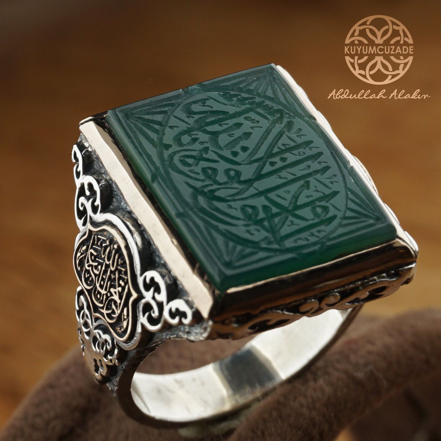 Manuscript Green Agate Men's Islamic Silver Ring, Custom Design Arabic ...