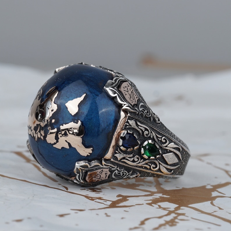 World Map Wrapped Silver Ring, World Design Ring, Idealist Ring for Men ...