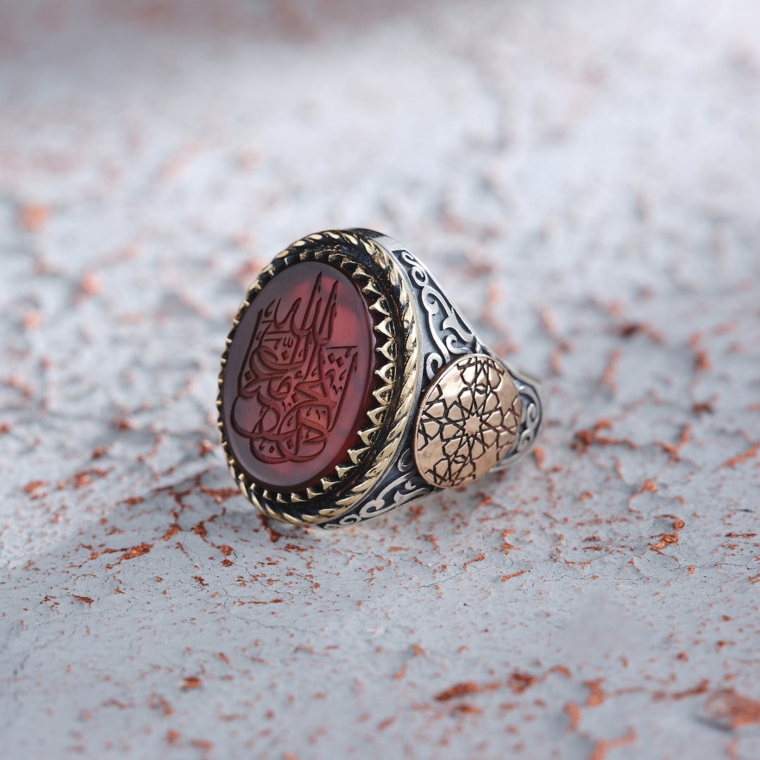 Brown Agate Stone Men Ring, Arabic Inscription Large Stone Ring, Unique ...
