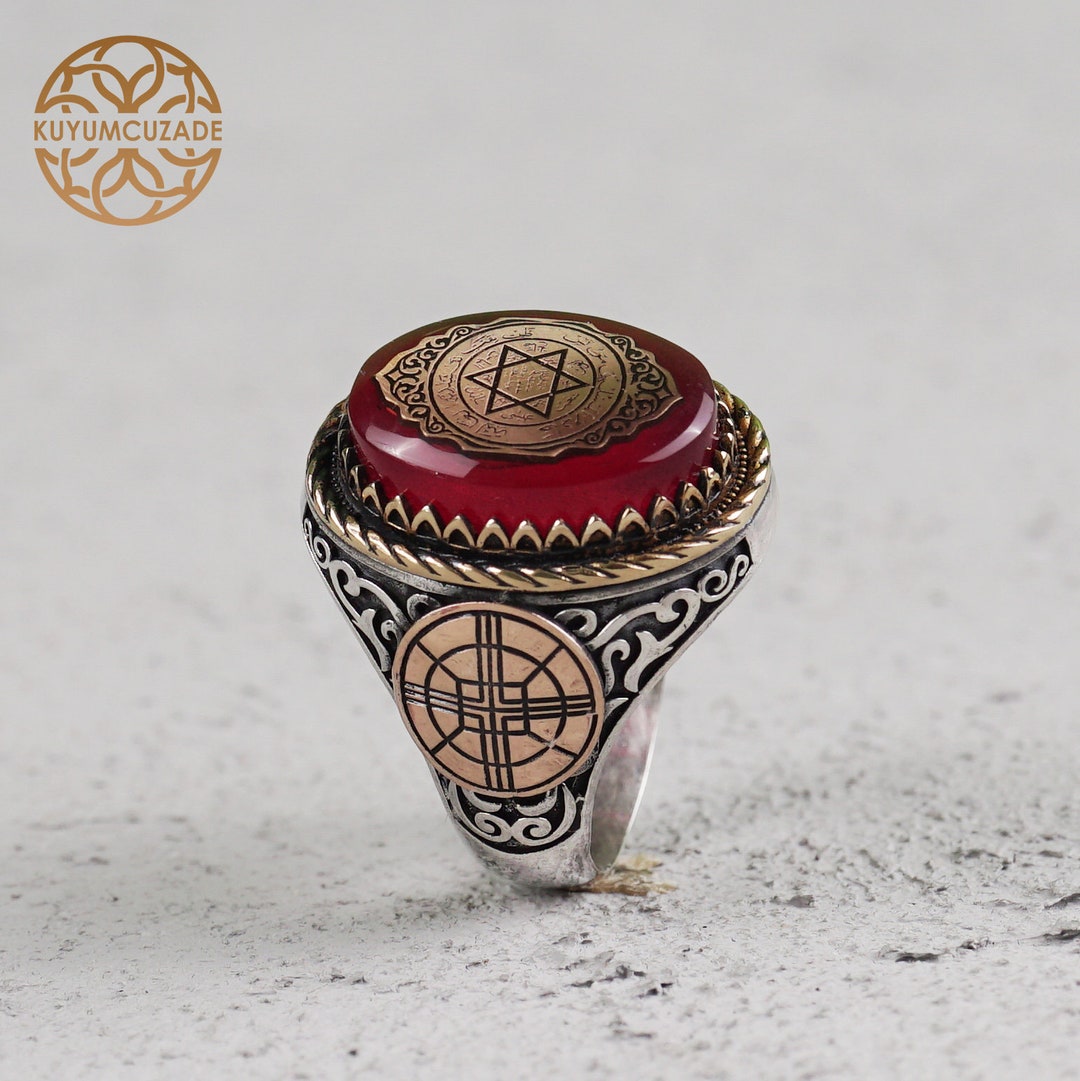 Unique Seal of Solomon Red Amber Stone Men Silver Ring, Solomons Seal ...