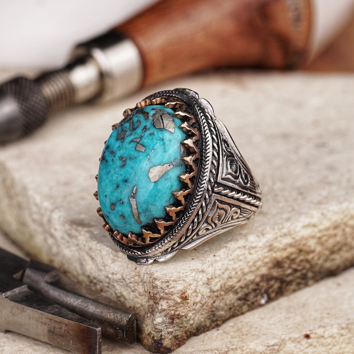 Heavy-built Silver Ring With Genuine Natural Turquoise, Robust ...