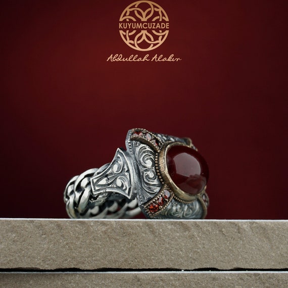 Men's Red Amber Silver Ring Unique Engraved Sterling | Etsy